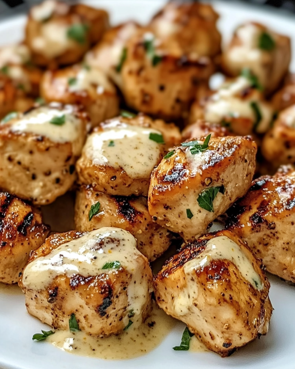 Grilled Chicken Bites with Creamy Garlic Sauce - Crisp Tastes