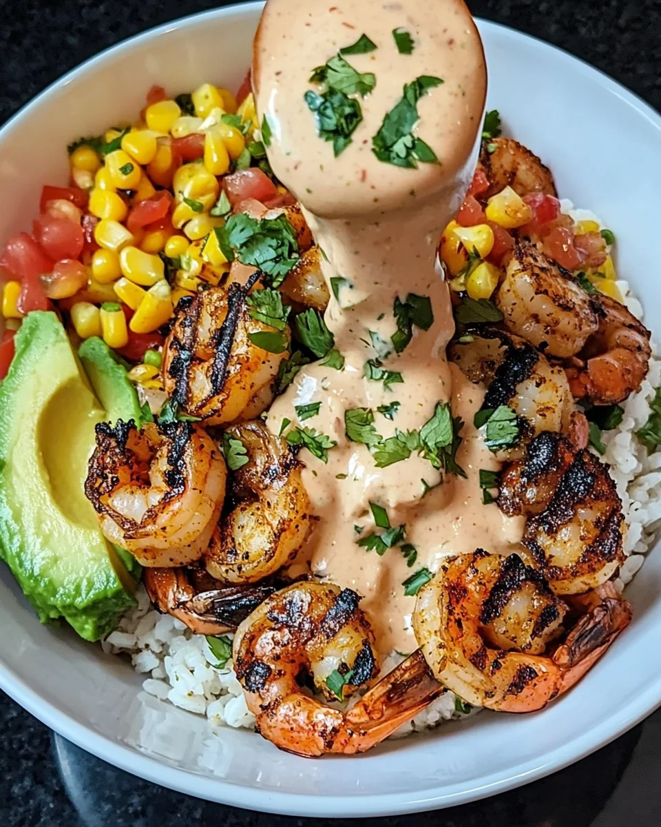 Grilled Shrimp Bowl with Avocado, Corn Salsa & Creamy Sauce - Crisp Tastes