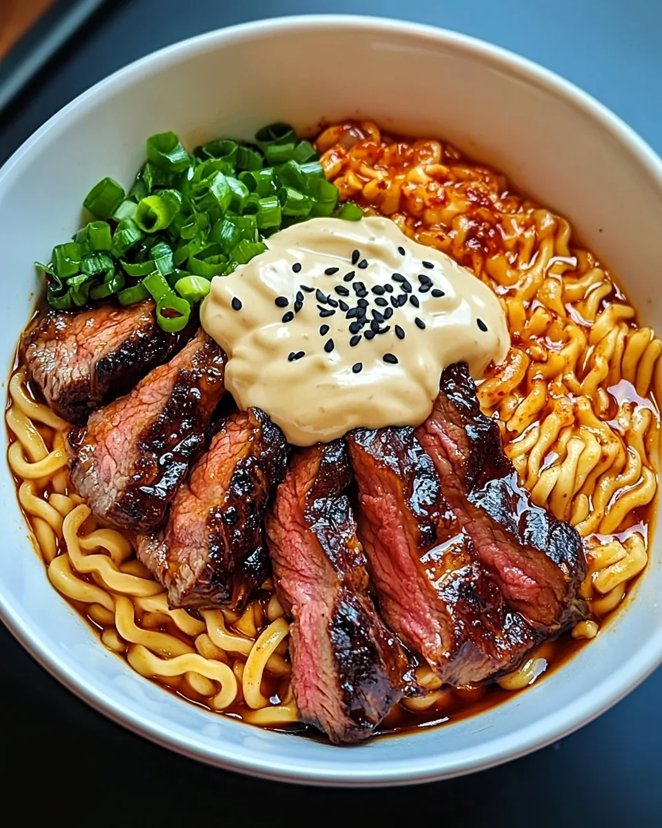 Spicy Korean Ramen with Grilled Beef & Creamy Sauce - Crisp Tastes