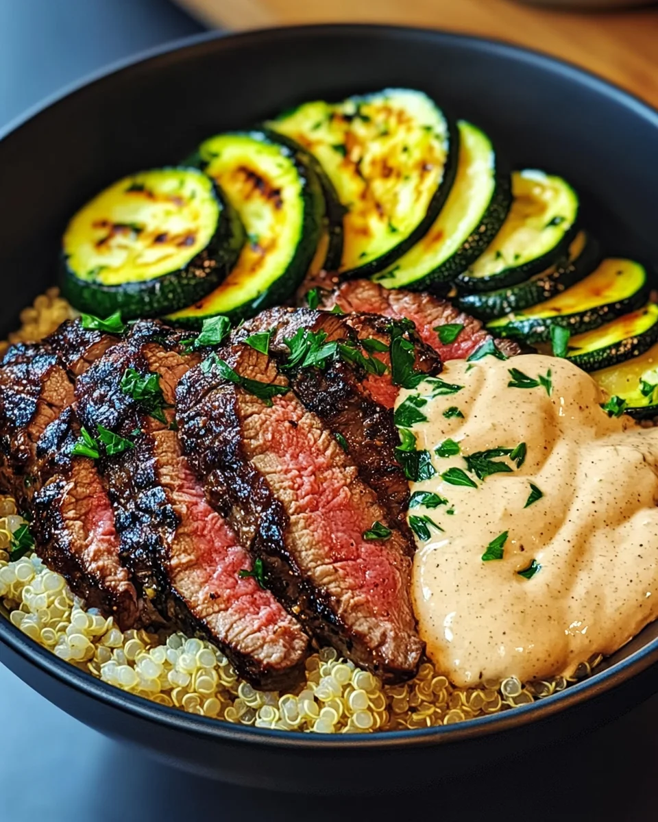 Grilled Steak Bowl with Creamy Sauce & Grilled Zucchini - Crisp Tastes