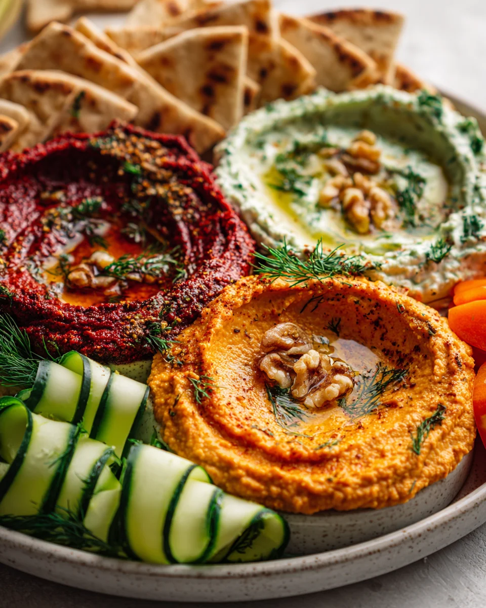 Tricolore Dip Platter: Muhammara, Hummus & Tzatziki Trio