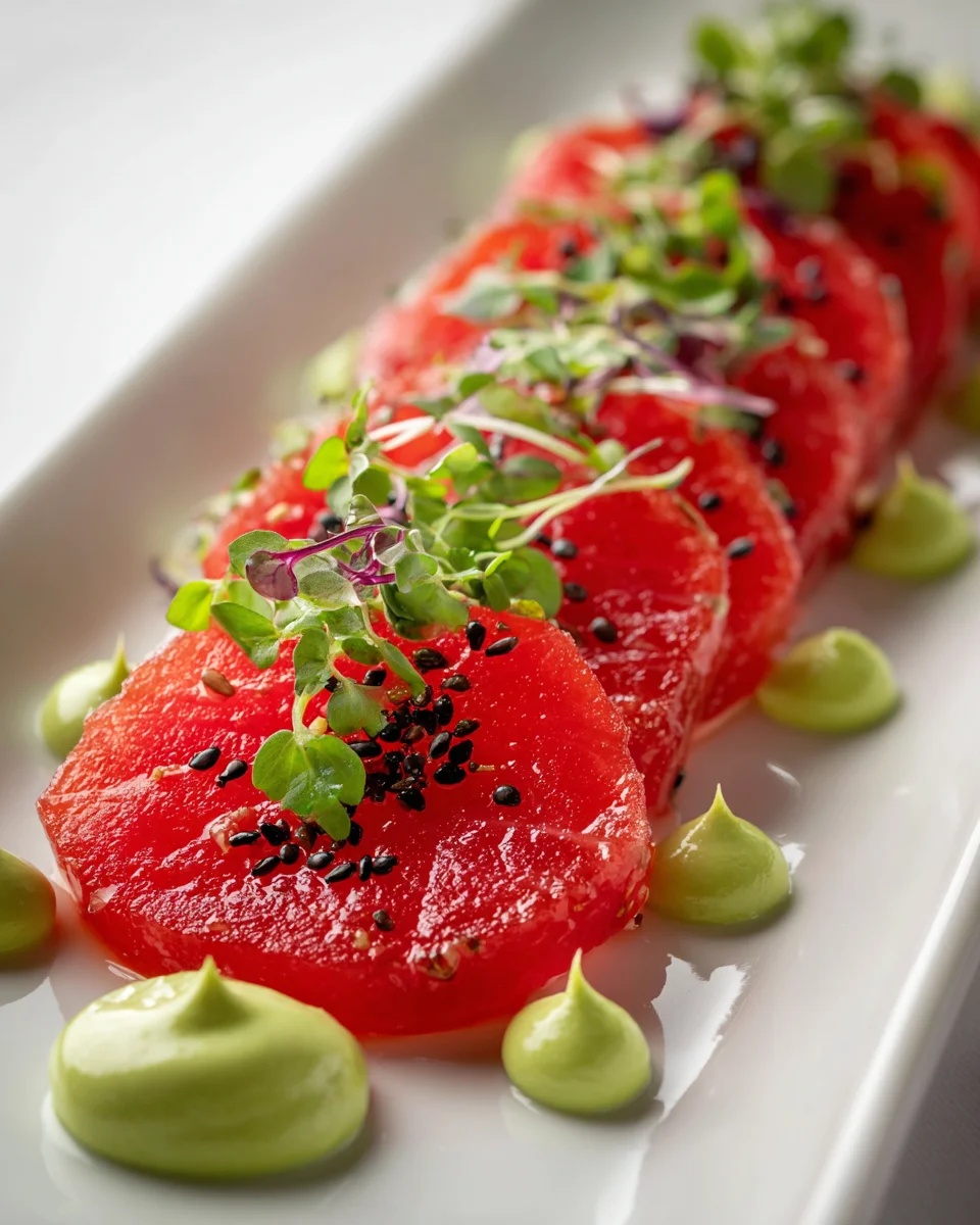 Watermelon Sashimi with Avocado-Wasabi Cream