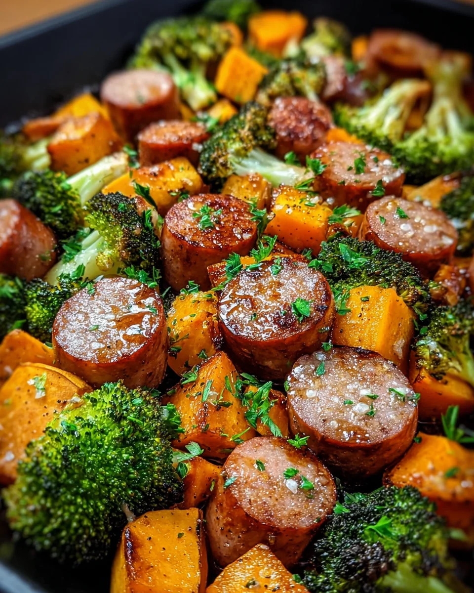 Sheet Pan Sausage and Sweet Potatoes with Honey Garlic Sauce - Crisp Tastes